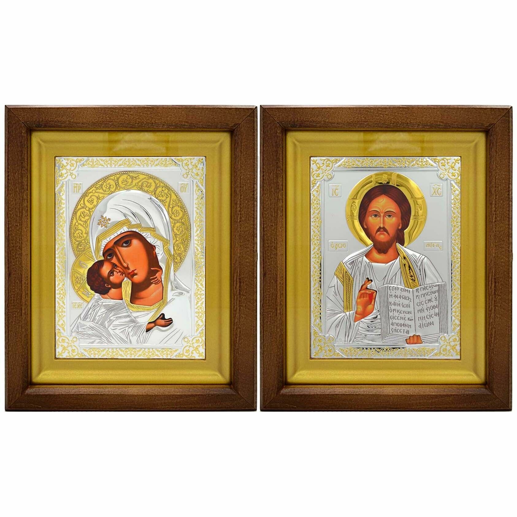 Владимирская Божья Матерь и Иисус Христос. Венчальная пара в окладе в киоте. (13,5 х 18,5 см / 20 х 25 х 6 см / В серебряном окладе в киоте под стеклом)