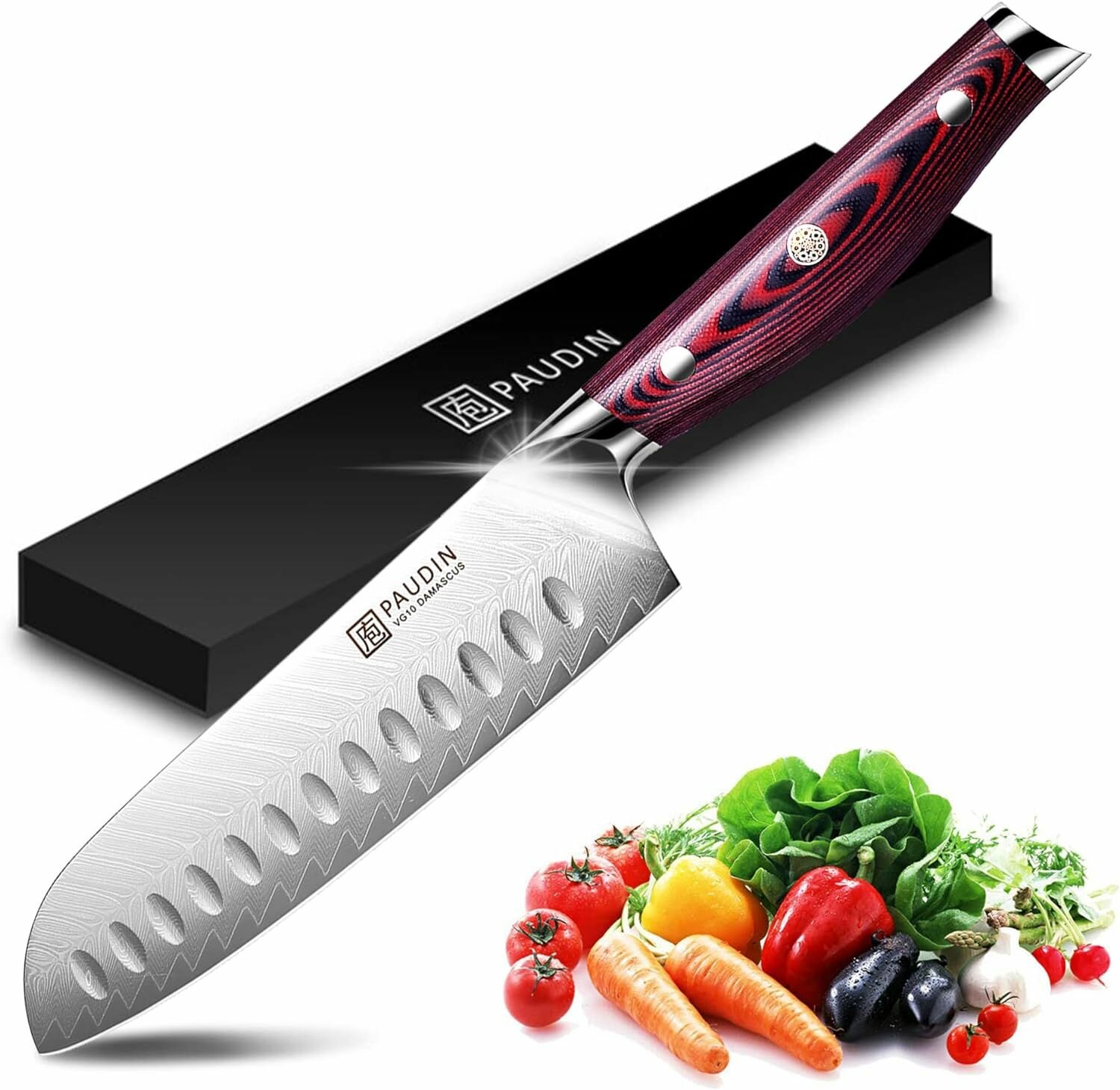 Нож кухонный PAUDIN Дамасск, поварской сантоку, лезвие 17см, 67 слоев, HRC 60+