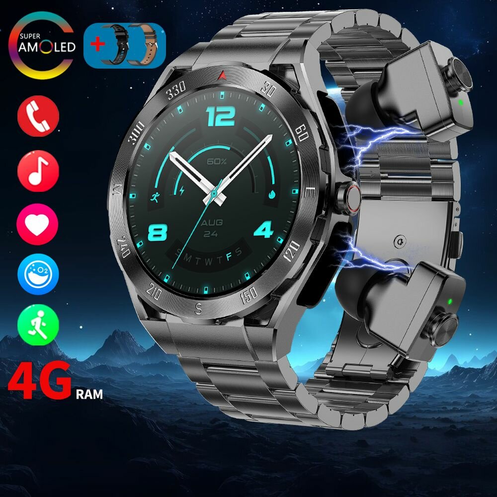 Умные часы с наушниками для Android и iPhone, 1.43' AMOLED HD экран, 4 Гб локальной музыки, фитнес-трекер, ультратонкий дизайн, универсальные часы с наушниками для мужчин и женщин