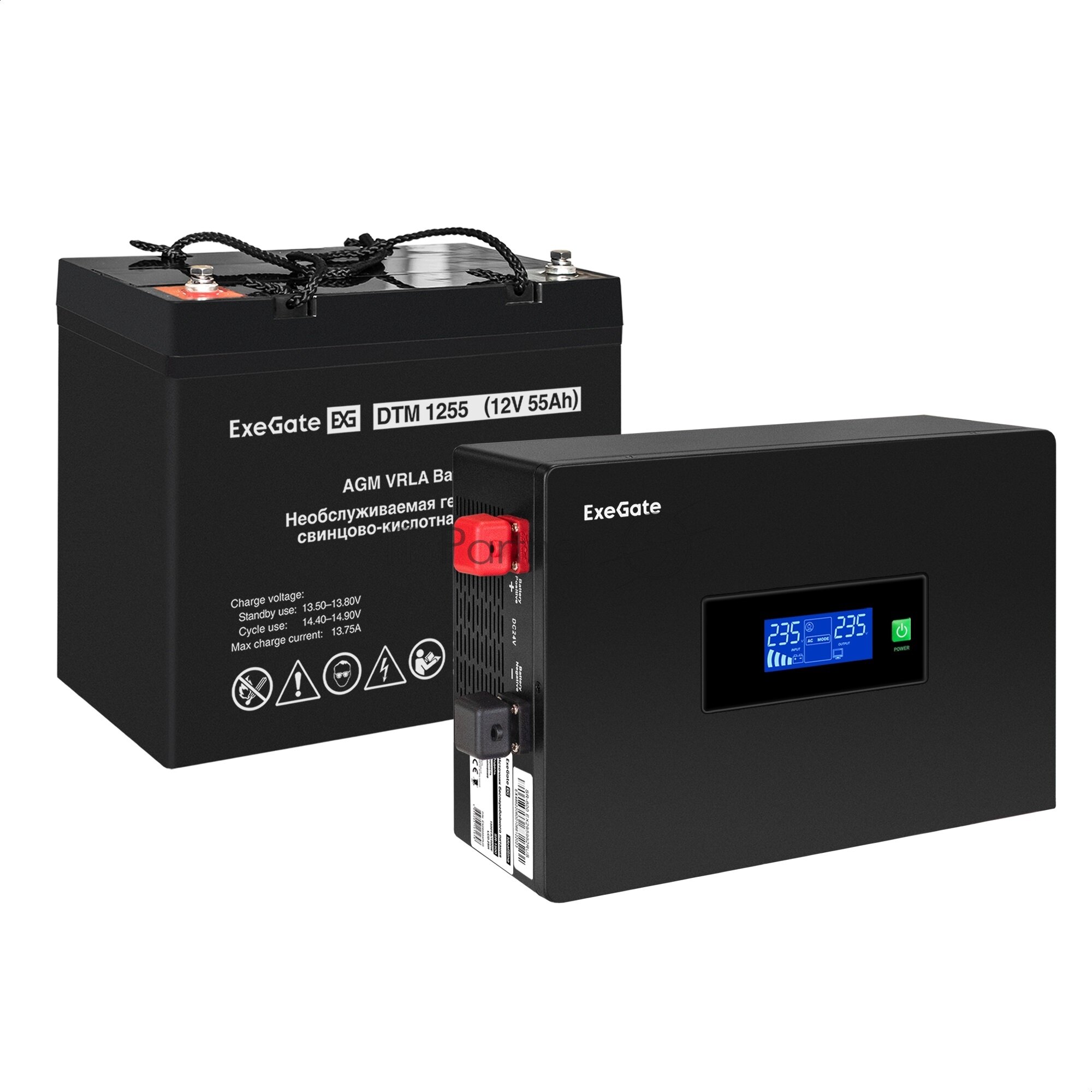 Комплект ИБП EX295993RUS + батарея 55Aч EX285667RUS 1шт (инвертор, синус, для котла, PF=1, настенный) ExeGate IdealSine SR-1000. LCD.2SH + батарея ExeGate DTM 1255