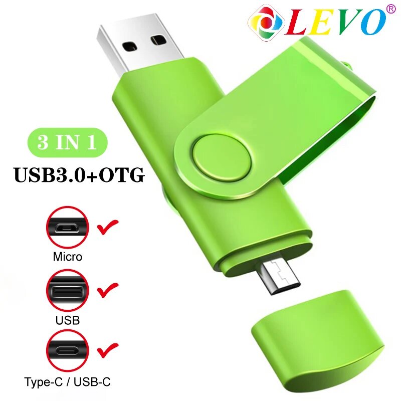 3 в 1 USB-накопитель OTG USB3.0, Type-C и Micro USB-накопитель 256 ГБ, 128 ГБ, 64 ГБ, 64 ГБ, Синий