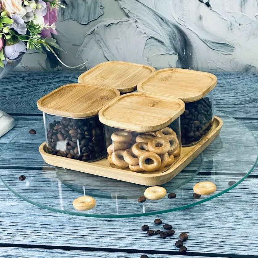 Набор из 4 банок для сыпучих продуктов на подставке 160-236 118-160-236