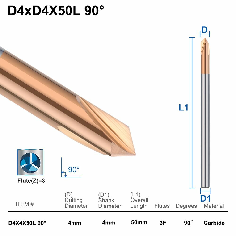 Фреза фасочная XCAN трехзаходная, по алюминию, 90 градусов , D4мм