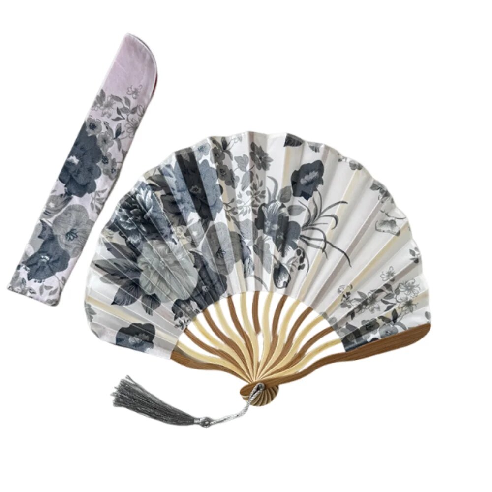 Шелковый складной веер в китайском стиле, классический элегантный ручной веер с крышкой веера, складной веер с цветочной кисточкой, аксессуары Hanfu