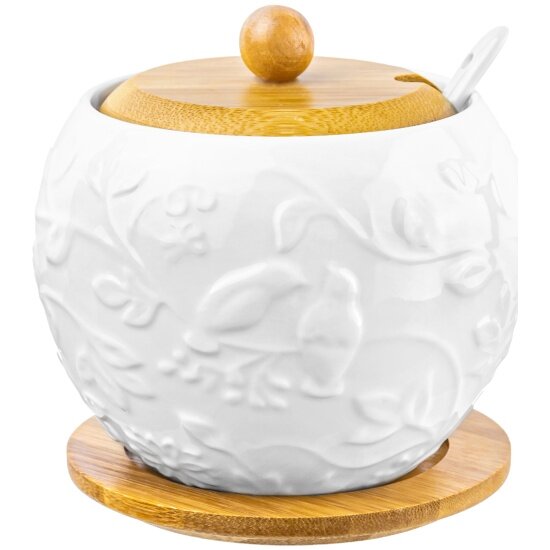 Сахарница Elan Gallery Птички на ветке с ложкой, с деревянной крышкой и подставкой 620 мл, 12х12х12 см (540331)
