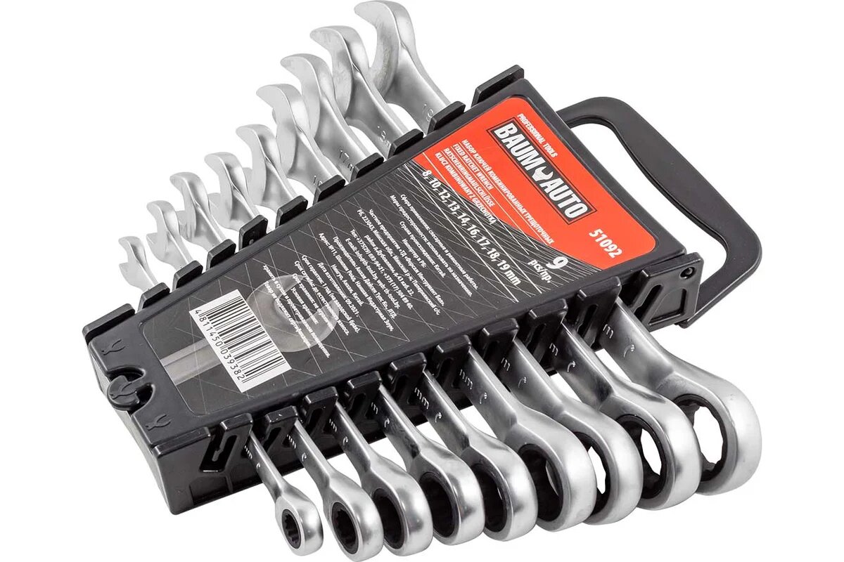 BaumAuto Набор комбинированных трещоточных ключей 8,10,12–14,16–19 мм,9 шт BM-51092(51464)