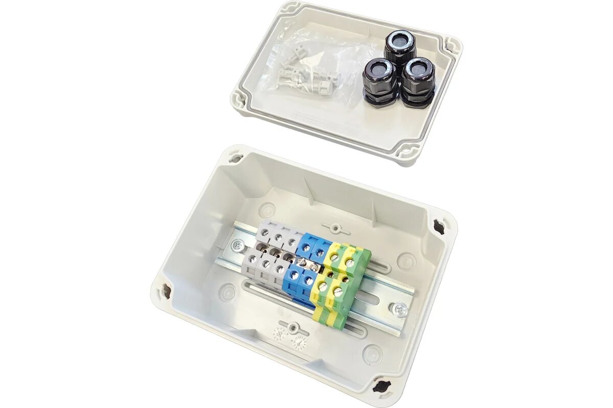 Девибокскоробка с клеммными зажимами 121x166x80 мм IP65-67, с кабельными вводами КК2.3.7-10
