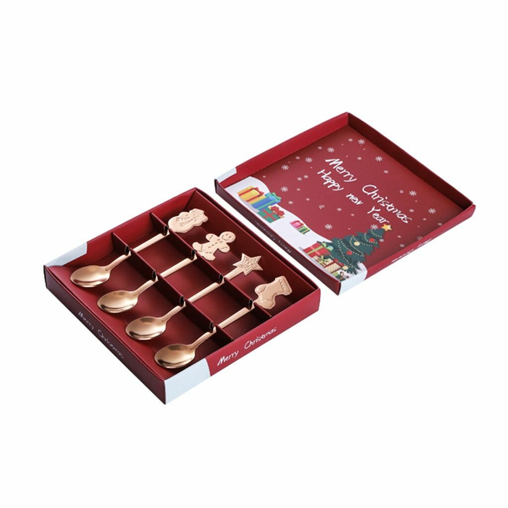 Рождественская серия Круглая ложка для торта, Десертного мороженого, Кофейная ложка-Розовое золото