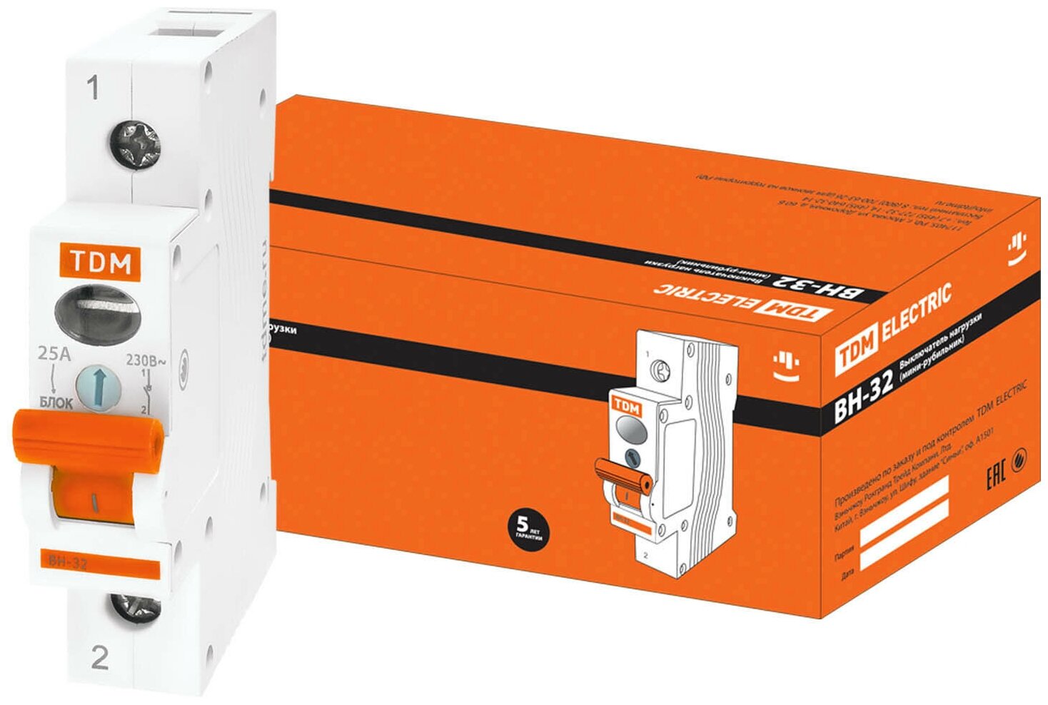 Рубильники и выключатели нагрузки TDM Выключатель нагрузки (мини-рубильник) ВН-32 1P 25A TDM SQ0211-0003