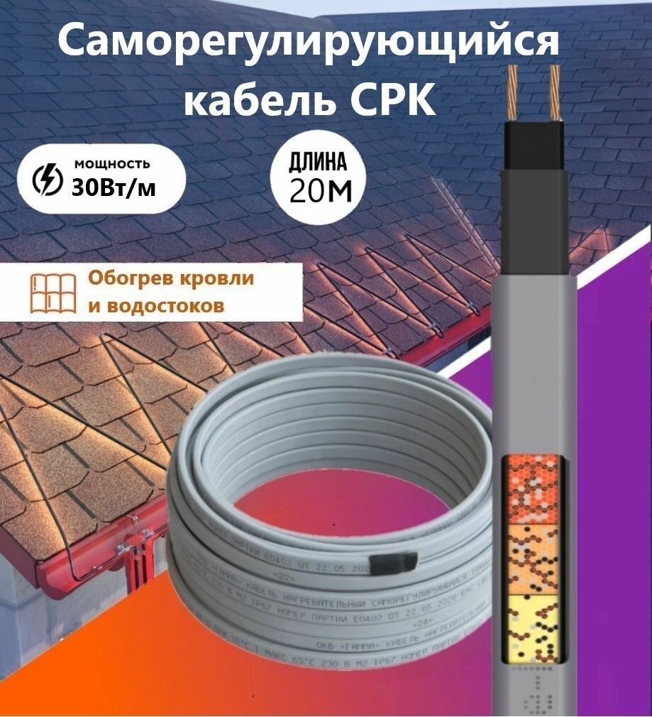 Греющий кабель для обогрева кровли и водостоков СРК 30Вт/м, бухта 20 м.