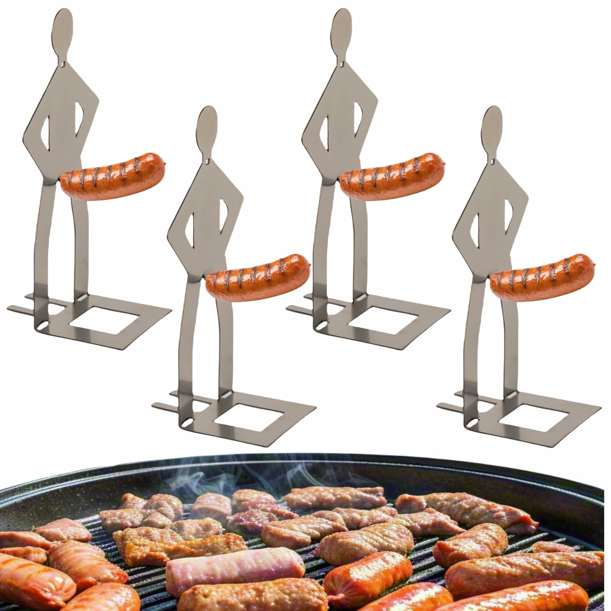 Fun BBQ Little Man Hot Dog Rack (4-Piece Set) из нержавеющей стали, многоразовый держатель для сосиск, портативный гриль для сосиск, аксессуары для барбекю на открытом воздухе