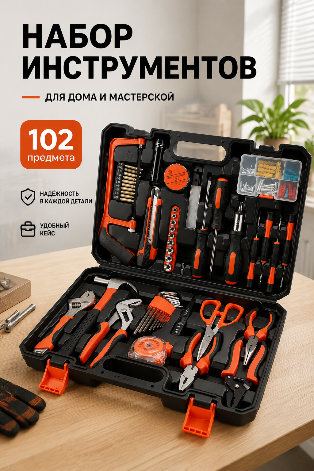 Набор ручного инструмента в кейсе, 102 предмета, хромованадиевая сталь, черный