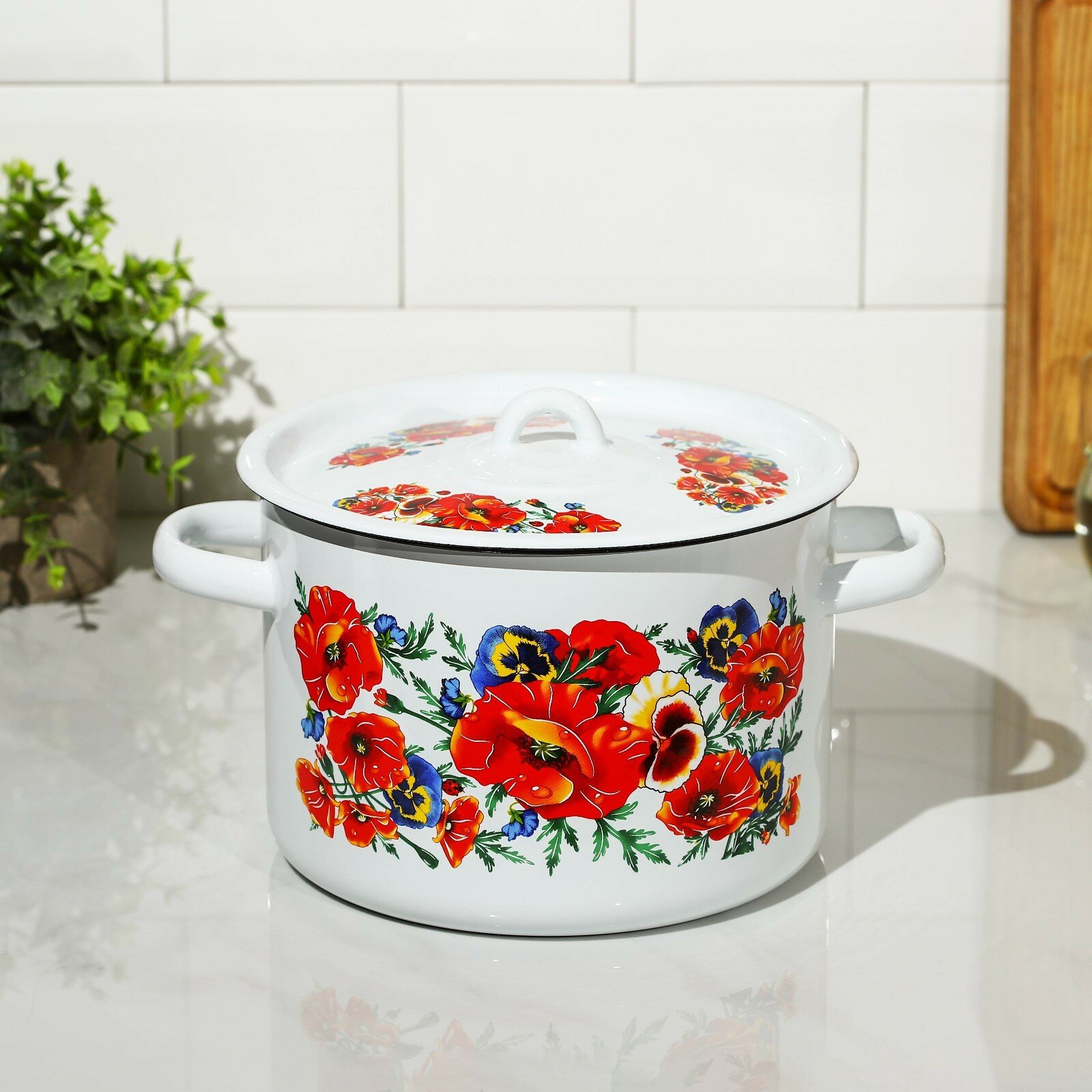 Кастрюля эмалированная «Маки. Мечта», 4.5 л, белая