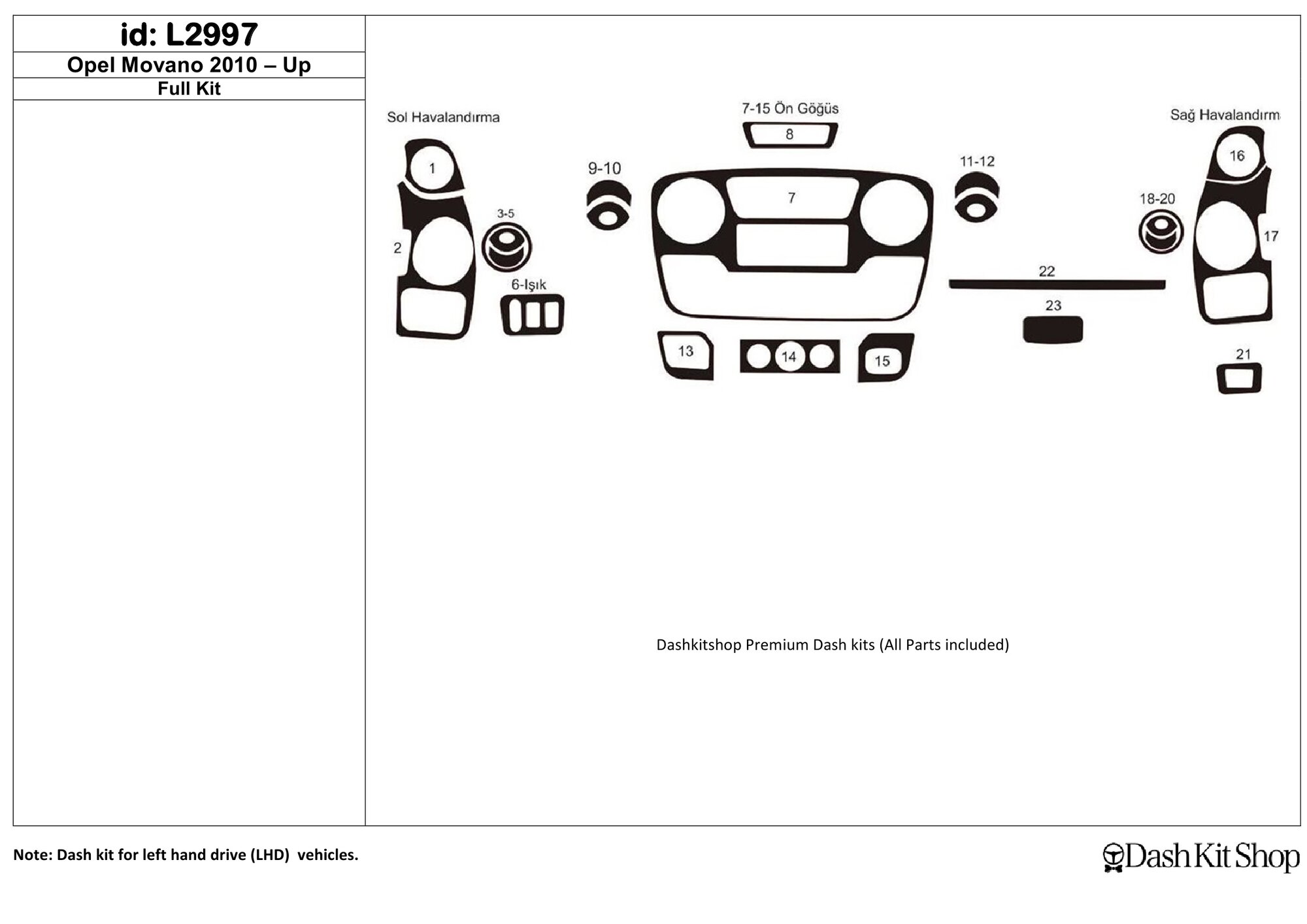 Накладки салона под дерево, карбон, алюминий для Opel Vivaro 2015-Up. Комплект L2994.
