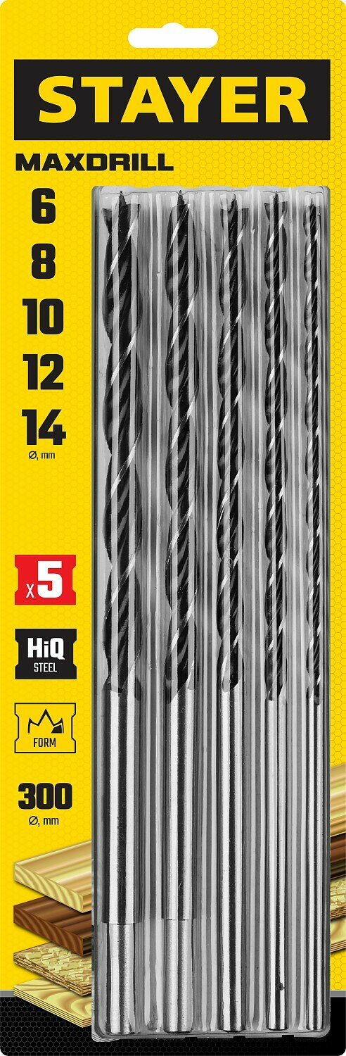 Набор сверл STAYER Maxdrill, 6-8-10-12-14х300мм, спиральные, для дерева, 5 штук