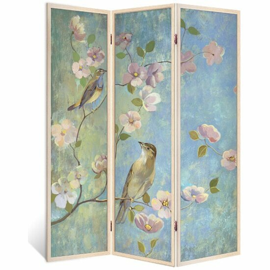 Ширма перегородка Декор Депо для комнаты деревянная "Райские воробушки" двухсторонняя с картинкой (живопись) 3 створки кремовый дуб 176х140 см 11 кг