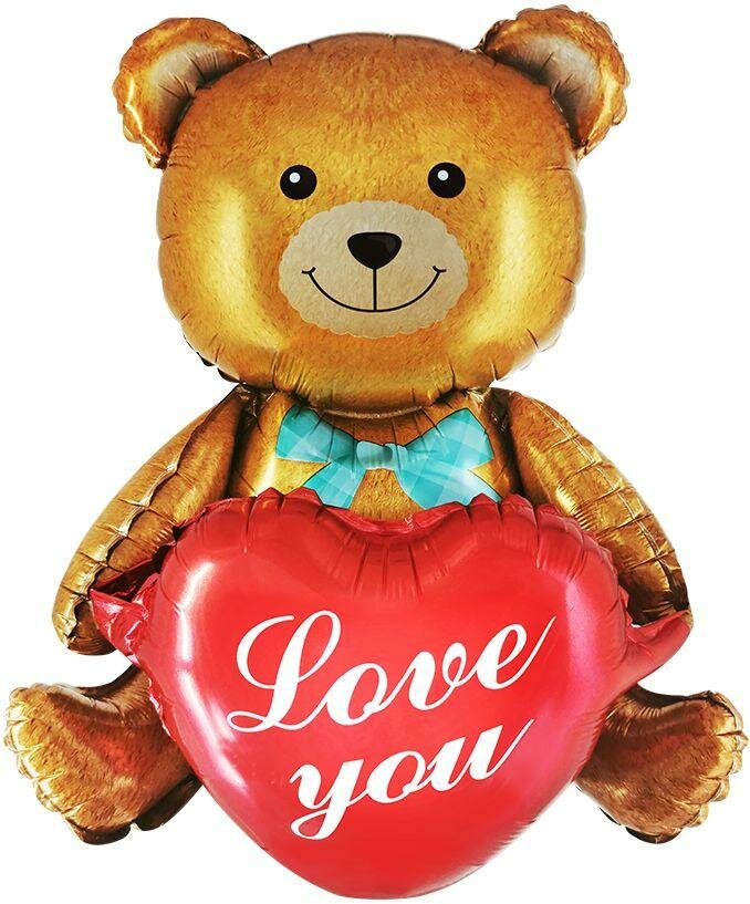 Шар 3D (30'/76 см) Фигура, Сидячий мишка с сердцем, Коричневый, 1 шт. в упак.