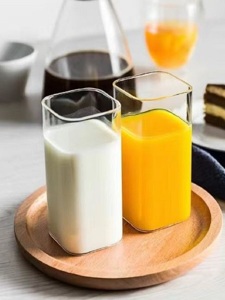 Стеклянные стаканы прямоугольной формы (пара) – прозрачные для воды, сока, молока , 350мл, 2шт