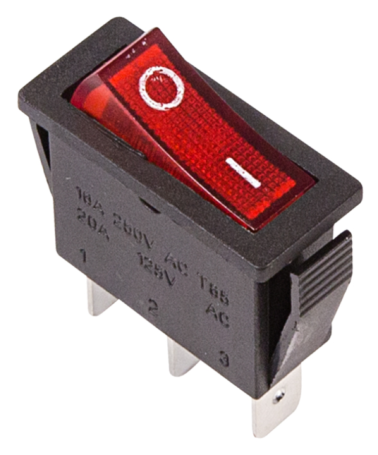 Выключатель клавишный REXANT / Рексант с LED подсветкой, прямоугольной формы, в корпусе из пластика, красный, 250В 15А IP30, 2 позиции переключения / электрика