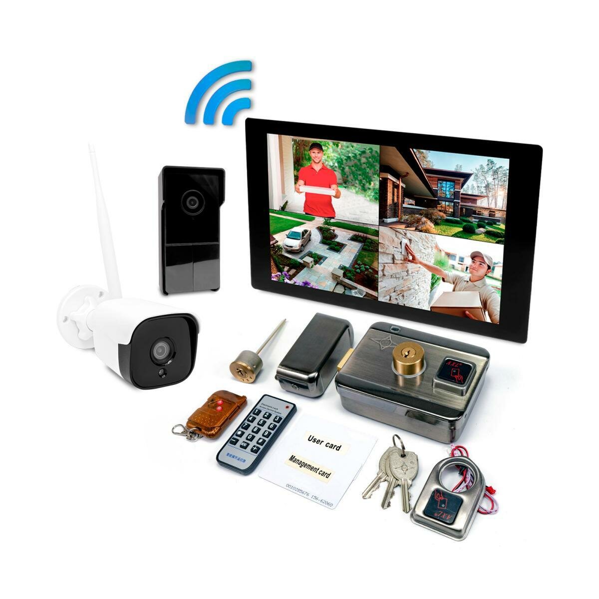 Беспроводной домофон TUYA с камерой и с замком - SkyNet 1000 (1+1+AX066) (Q23948SKY): HD Wi-Fi экран 10 дюймов, вызывная панель, замок электромехани