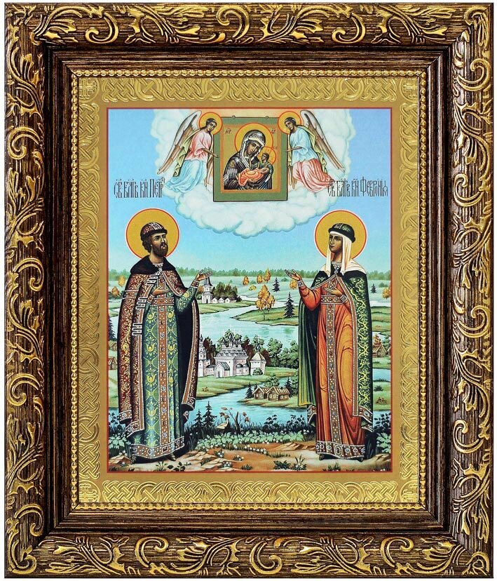 Благоверные князья Петр и Феврония Муромские (лик № 052), икона в широкой темной пластиковой рамке 19*22,5 см