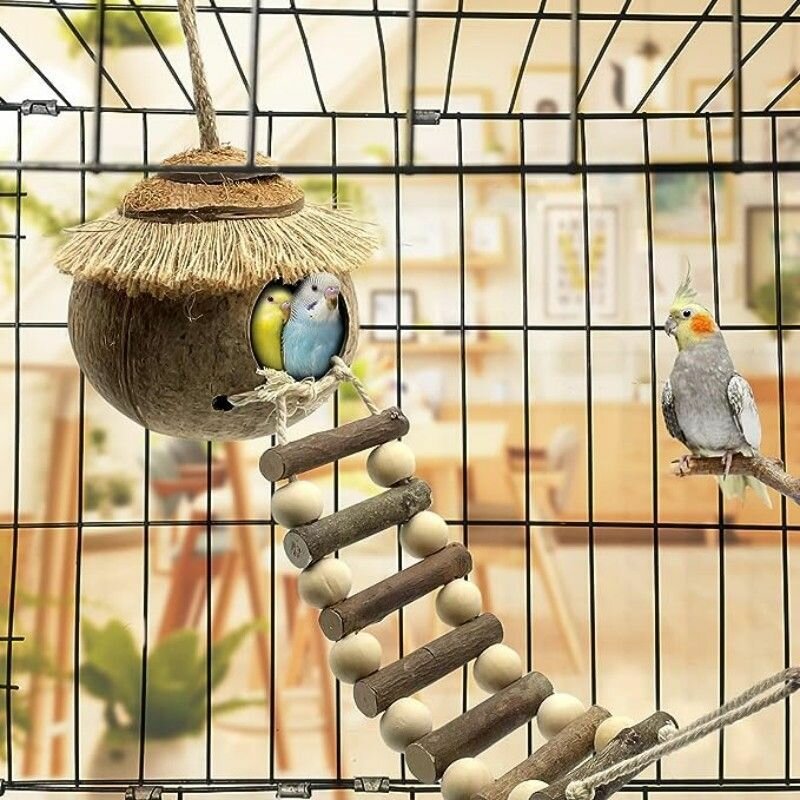 Уютный подвесной домик для птиц из кокосового волокна с лестницей, гнездо для попугаев и канареек, экологичное жилье для мелких птиц