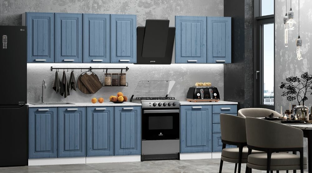 Кухонный гарнитур Греция (глухая) 2.5м Дуб Перванш Синий/Белый (Антарес)