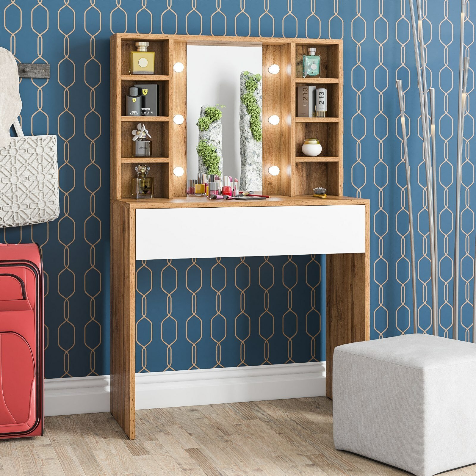 Косметический стол РВК СТ-115 с подсветкой, дуб вотан/белый, ШхГхВ 90х40х143,2 см