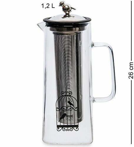 Кофейник стеклянный "Попугайчики" 1,2L. H-27 см. Упроченное стекло. Металлическое ситечко. В индивидуальной упаковке.