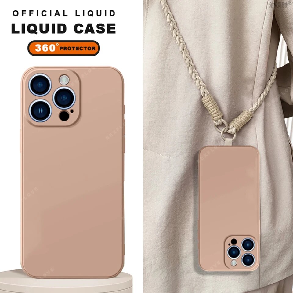 Чехол для телефона со шнурком для iPhone 16E 16 14 15 Plus 12 13 Mini 11 16 Pro X XR XS Max SE Жидкий силиконовый ремешок с защитной цепочкой Desert with Strap, For iPhone 14 plus