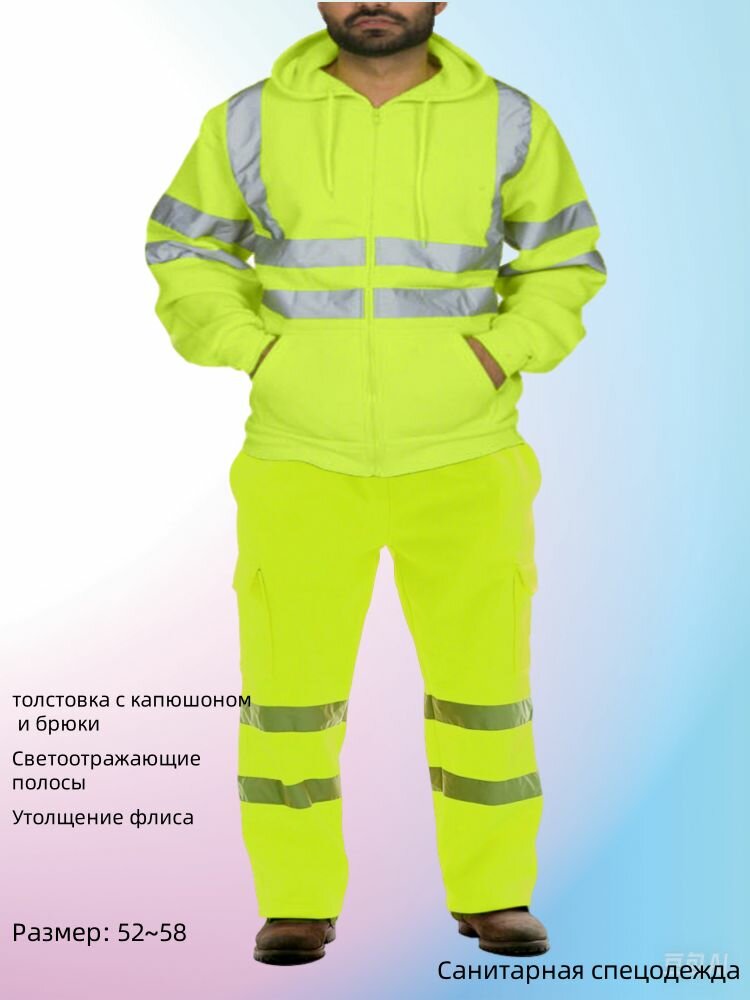 Мужская толстовка и брюки в комплекте со светоотражающими полосками, санитарная рабочая одежда, зеленый, 4XL