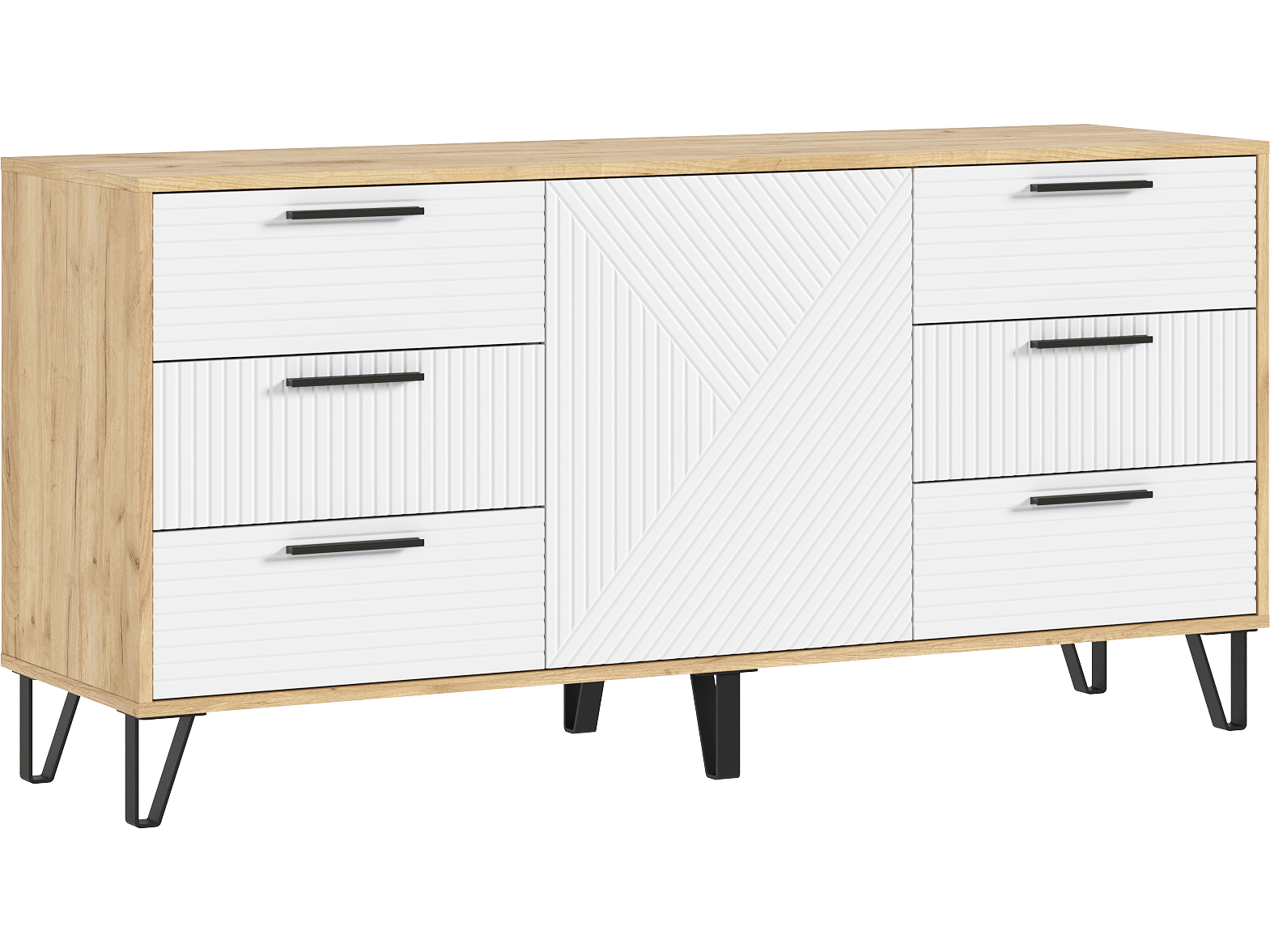 Комод 1500 в современном стиле, с фрезеровкой, браш вайт/дуб крафт