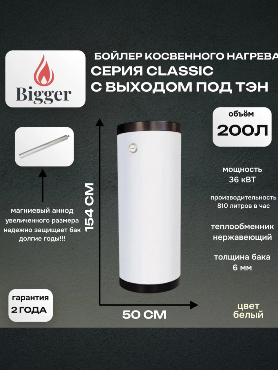 Бойлер косвенного нагрева Bigger Classic MI 200 л. с выходом под тен, белый