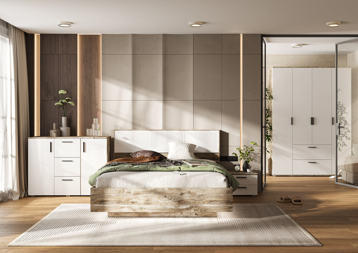 Комплект мебели для спальни Сильвия, кровать, комод, тумба, шкаф (Браш Вайт/Дуб Юкон, Дуб Юкон)