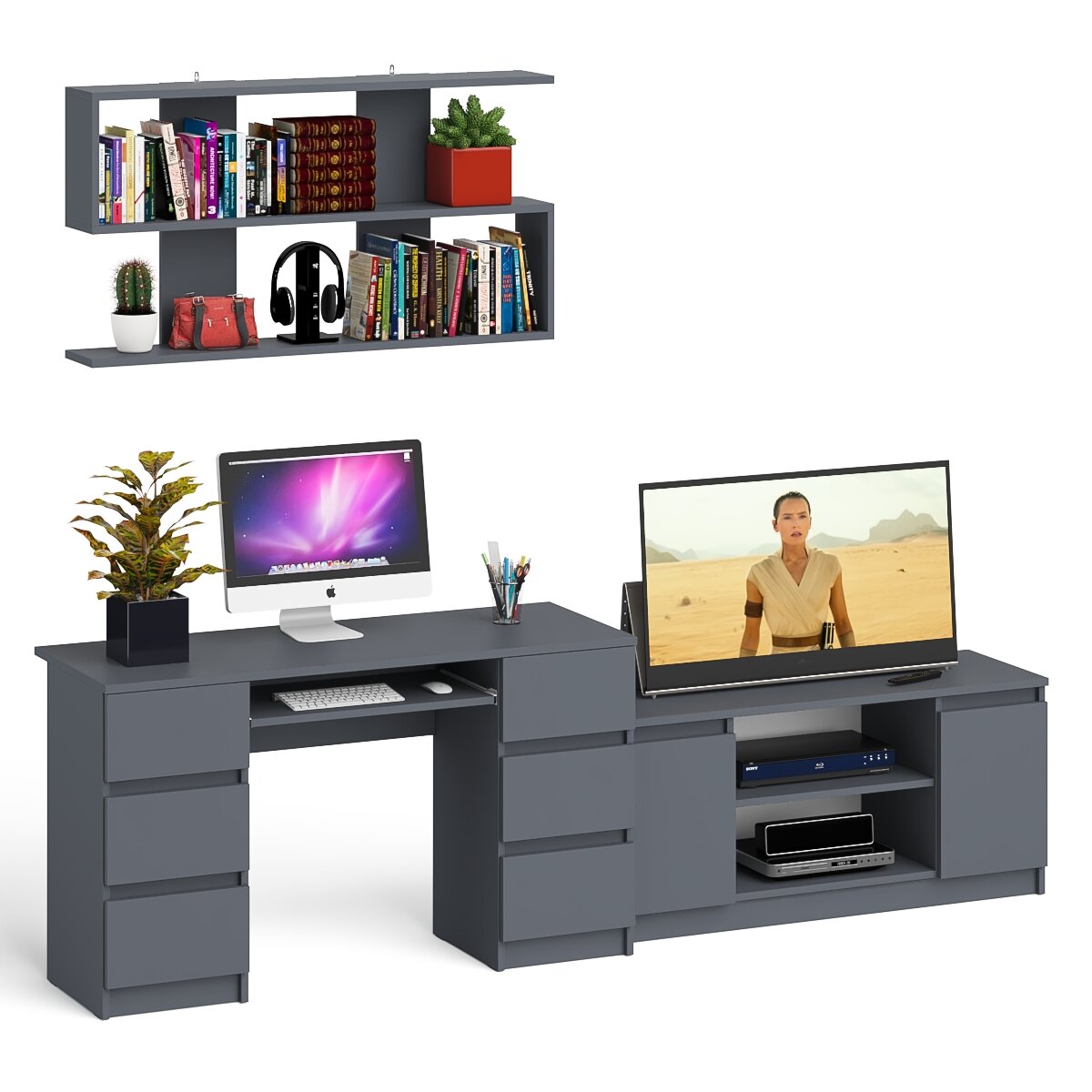 Письменный стол Мори МС-2 с ТВ-тумбой 1200 и навесной полкой 1200, графит, 255,8х50х209,6 см.