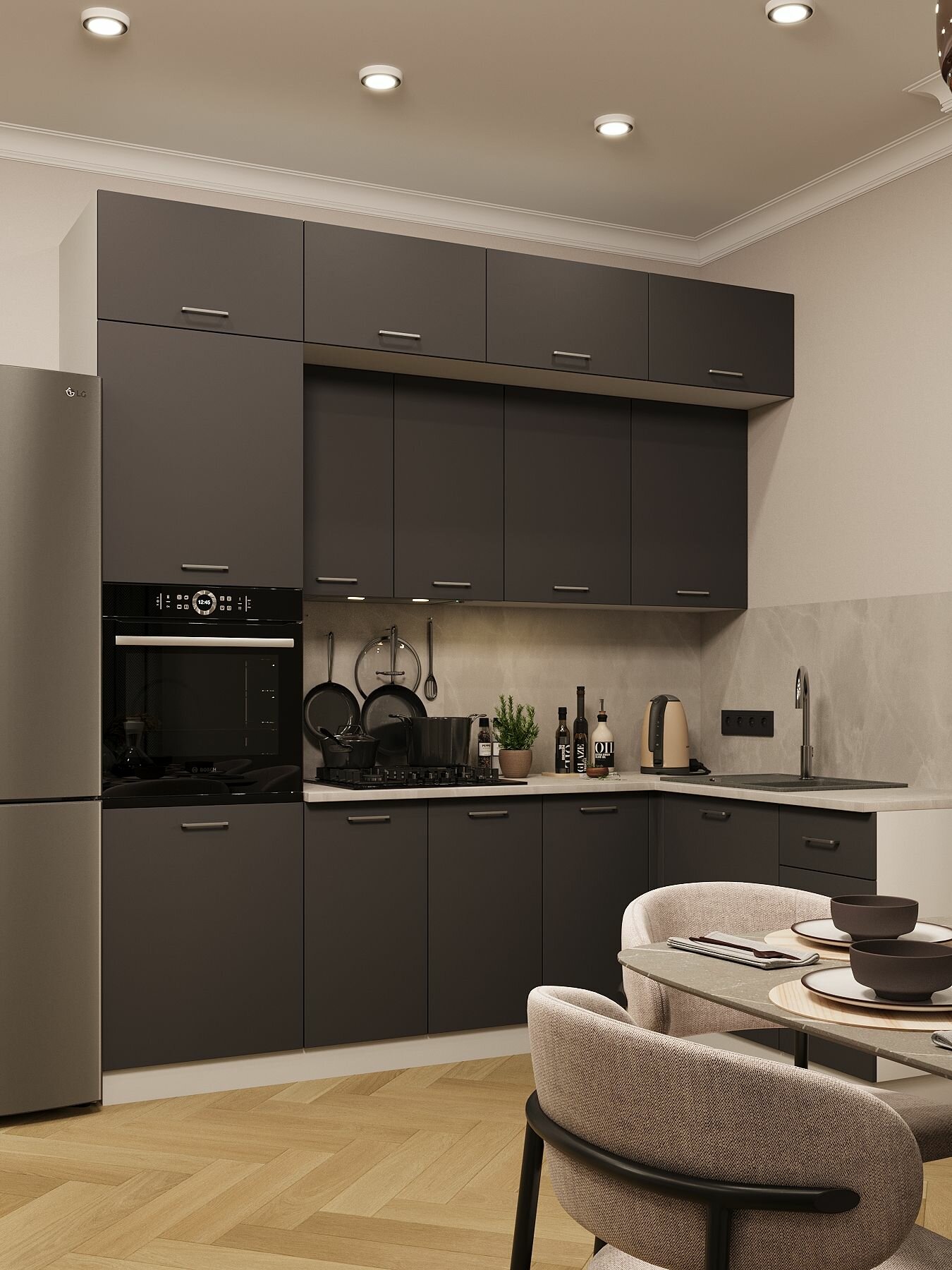 Модульная кухня угловая МДФ 2,4х1,6м Урбан графит софт со столешницей и пеналом под духовой шкаф мебельный РАЙ