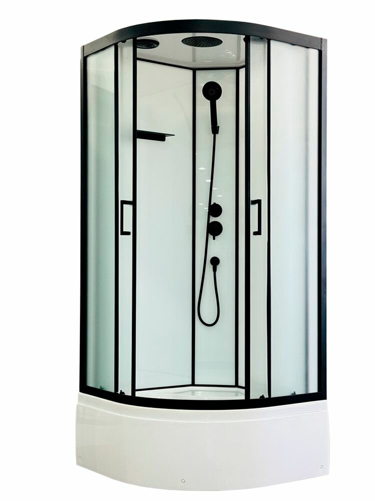 Душевая кабина FATO 85х85х215 стекло рифленое 5 мм, задняя стенка белая, профиль черный, поддон средний, четверть круга