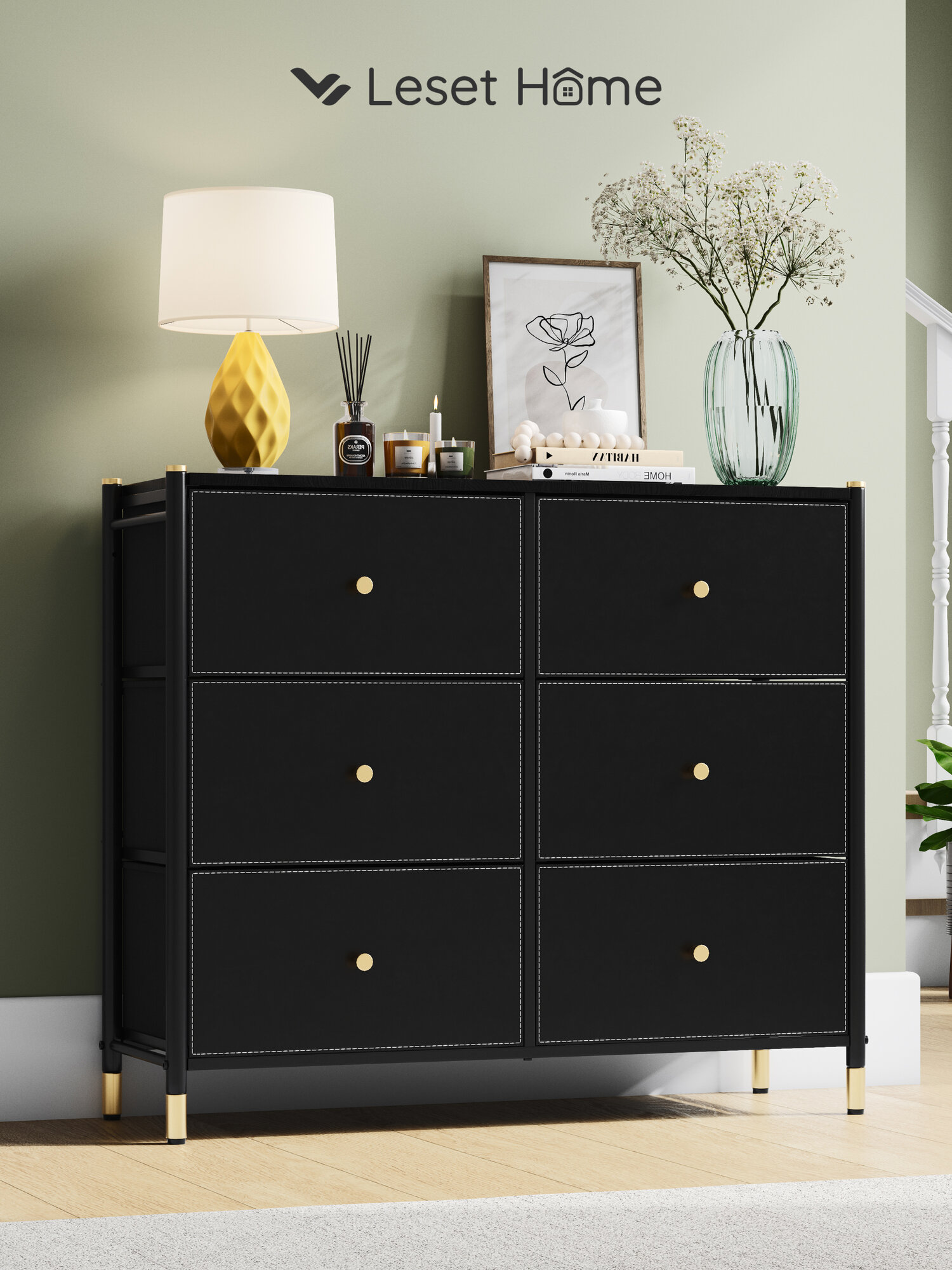Комод для одежды Leset Нирита, комод в спальню, гостиную, прихожую, 6 ящиков, каркас металлический Чёрный, фасад экокожа
