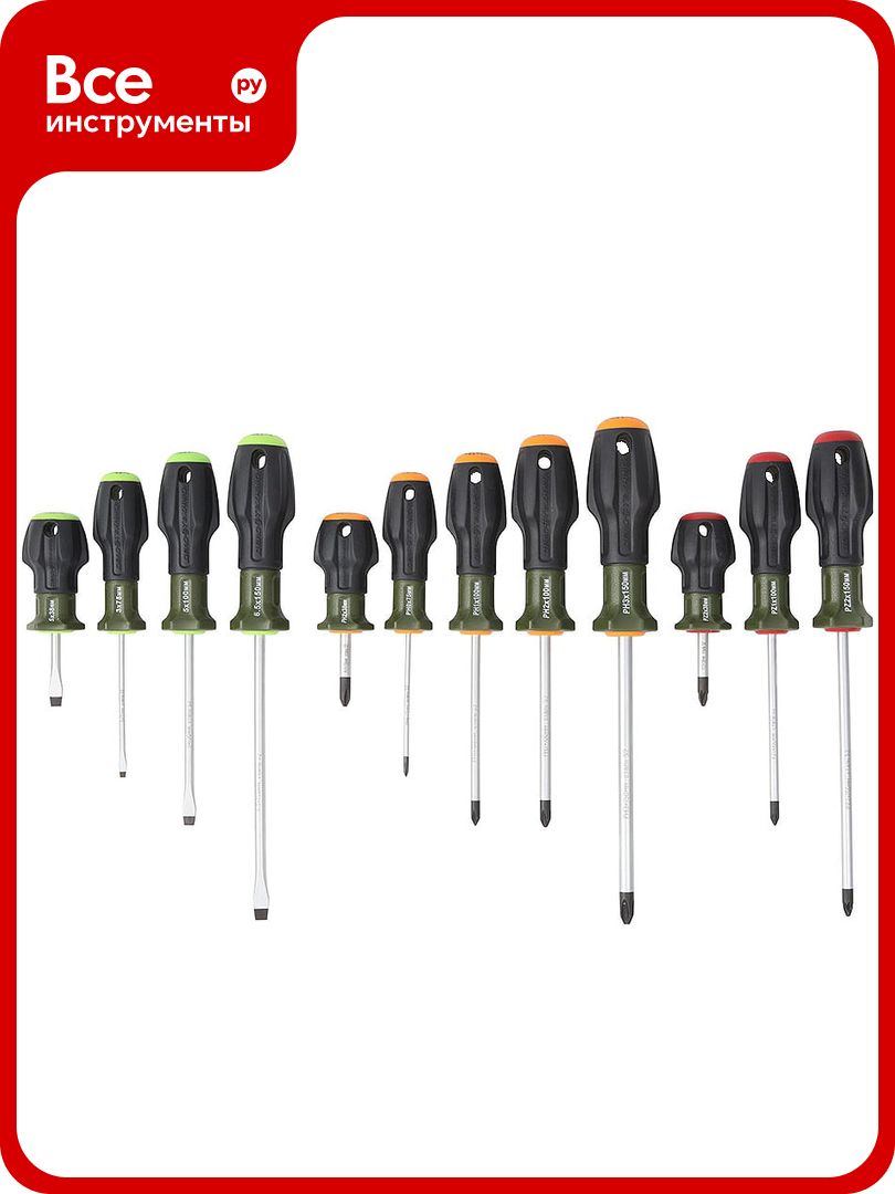 Набор, Дело, отверток Дело Техники c трехкомпонентными рукоятками SL, PH, PZ, 12штук 728125, прорезиненного элемента и