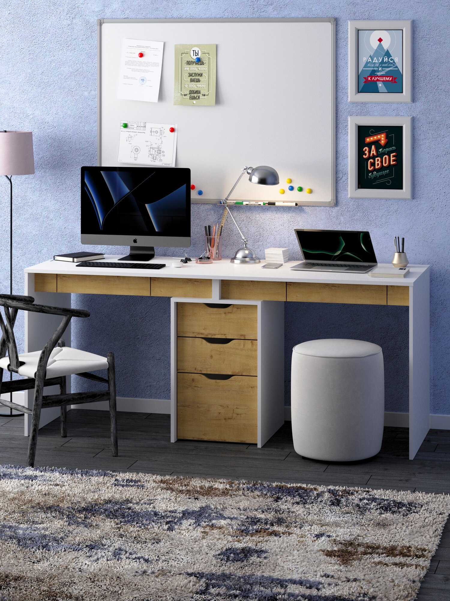 Есэндвич Grand Лаворо 5 Письменный стол для двоих, двойной, с тумбой 180х60х77 см (Белый/Дуб бунратти)