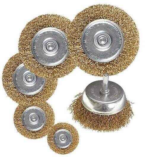 Набор щеток для дрели 6 шт 5 плоских 40-50-65-75-100 мм + 1 "чашка" 50 мм со шпильками Matrix 74496