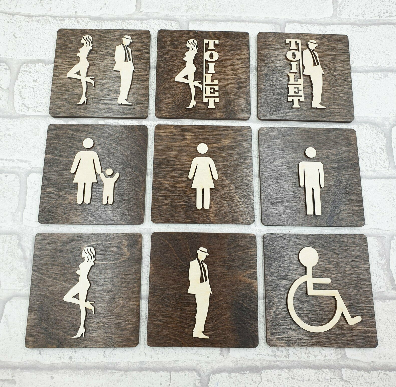 Набор туалетных табличек деревянных, на дверь, 9 шт, светло-коричневый