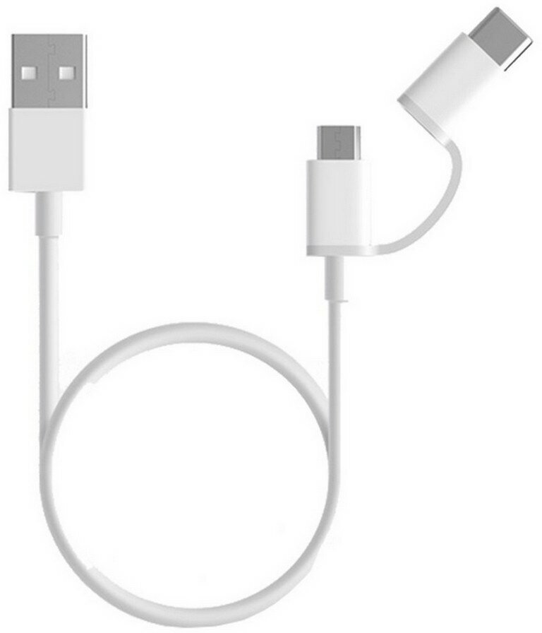 Адаптер Xiaomi Mi, 2-в-1, USB-кабель, Micro USB-Type C, белый