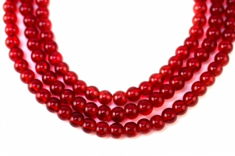 Бусина круглая с эффектом кракле, диаметр 6мм, отверстие 1мм, цвет красный, 550-037, 1 нить (около 37см, около 68 бусин)