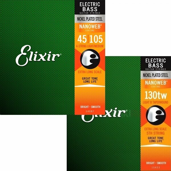 Струны для бас-гитары Elixir 14087 + Elixir 15433 XLong Scale Set 35+ Nanoweb Medium 45-130t