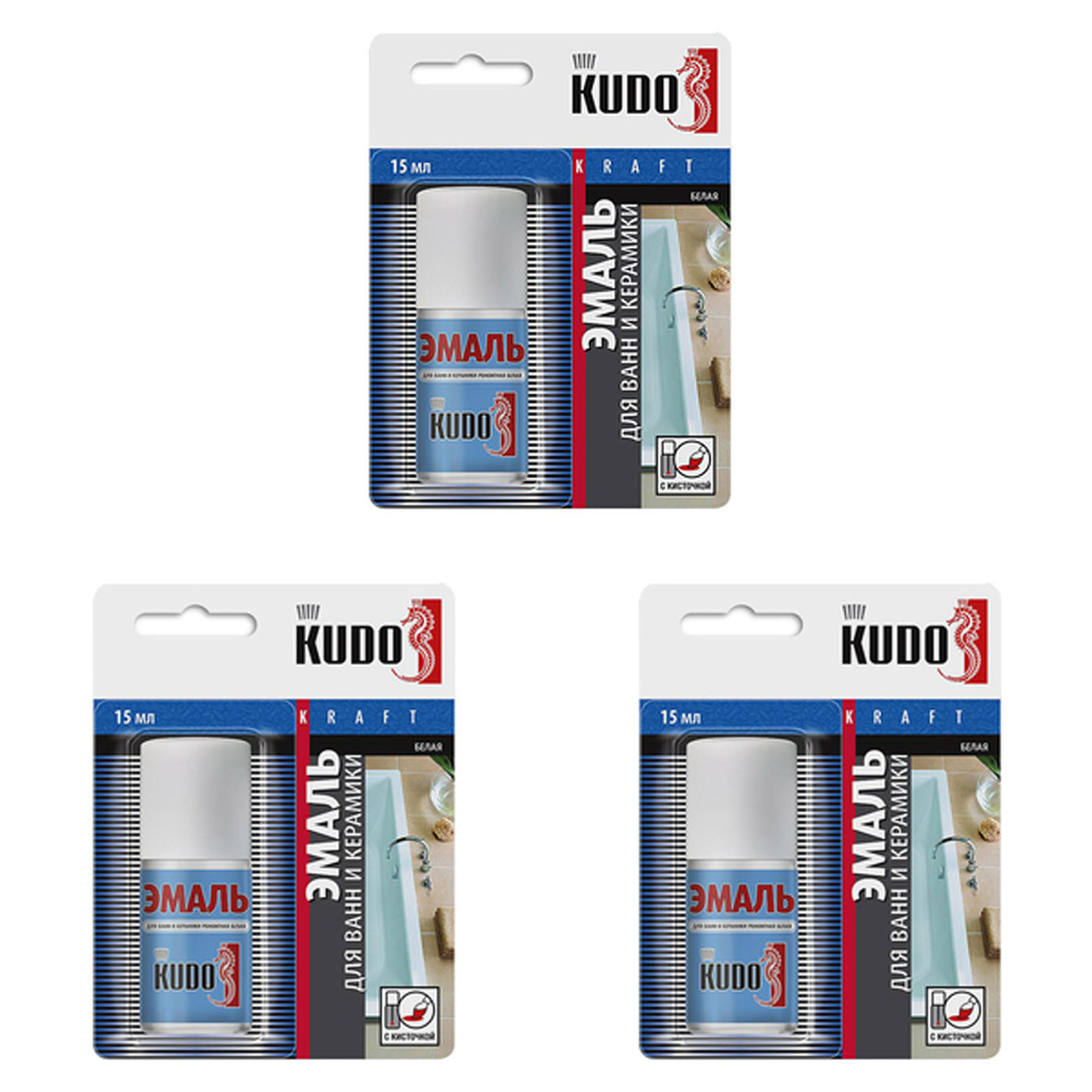Эмаль для ванн и керамики Kudo Kraft белая с кисточкой глянцевая 15 мл (3 шт.)