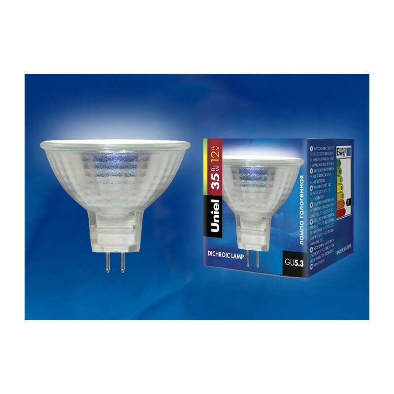 Лампа Uniel галогенная MR-16-35/GU5.3 обладает цоколем GU5.3 и мощностью 35 вт, белый цвет свечения, цена за 1 шт