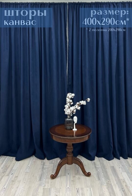 Шторы Милкитекс канвас 400х290см / комплект (200х290см - 2шт) бархатистых портьер для зала, кухни, спальни, синие