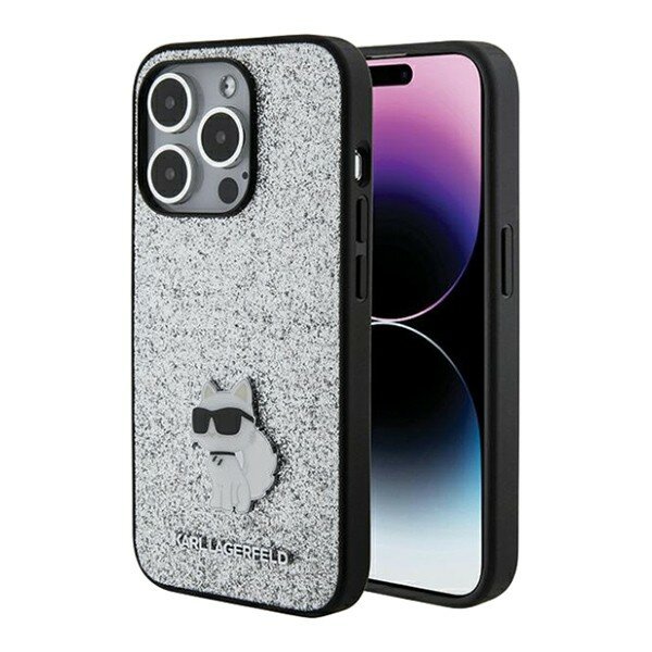 Karl Lagerfeld чехол с блестками для iPhone 15 Pro Max, Fixed glitters NFT Choupette серебристый