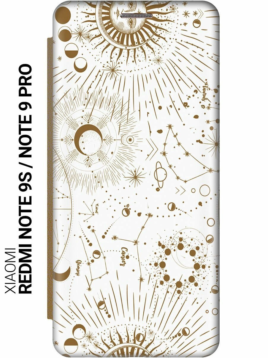 Чехол-книжка на Xiaomi Redmi Note 9s, Note 9 Pro, Сяоми Редми Ноут 9с, Ноут 9 Про c принтом "Карта звездного неба" золотистый